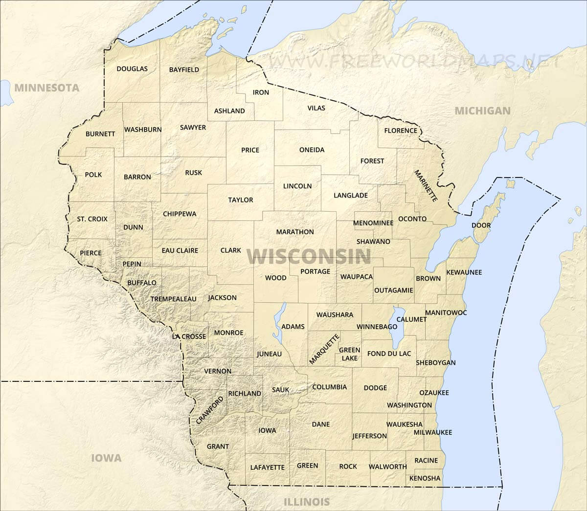 Physical map of Wisconsin